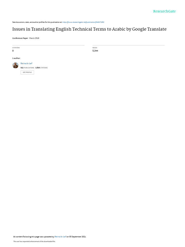 Issues in Translating English Technical Terms To Arabic by Google Translate | PDF