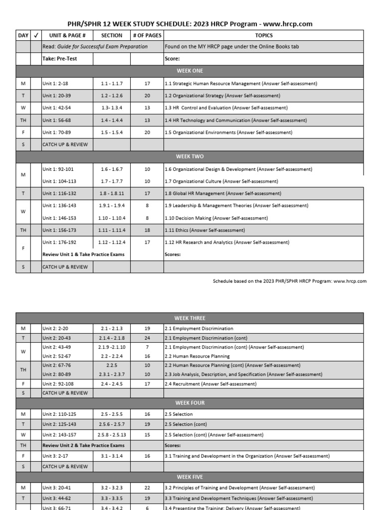 12 Week Study Schedule 2023 PHR SPHR | PDF