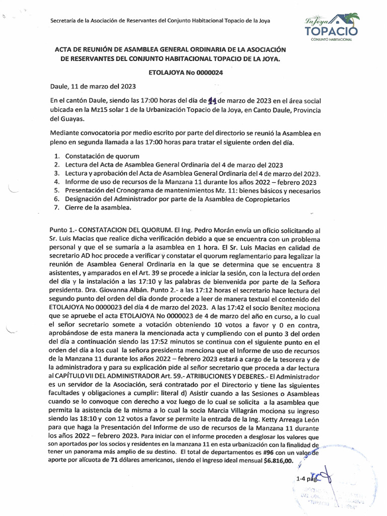 Acta de Asamblea General Ordinaria | PDF