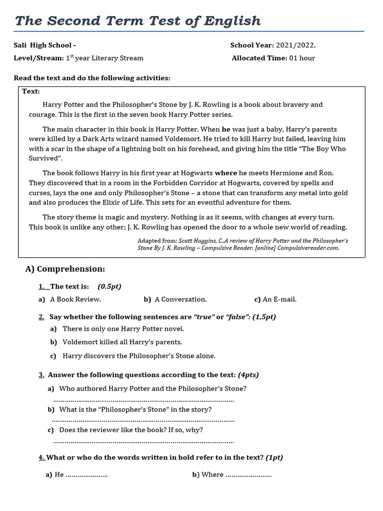 Harry Potter Comprehension Test | PDF | Harry Potter | J. K. Rowling