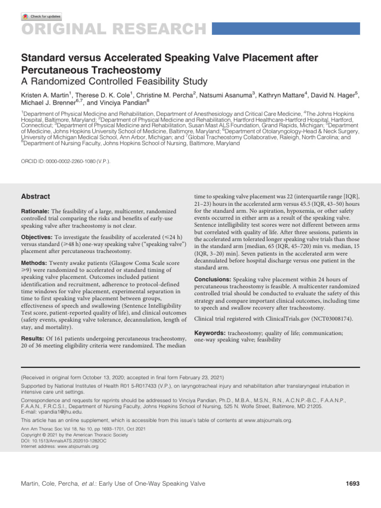 Standard Versus Accelerated Speaking Valve Placement After Percutaneous ...