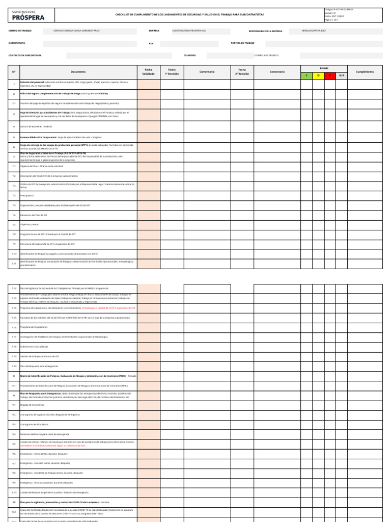 Check List Cumplimiento Sub Contratistas | PDF