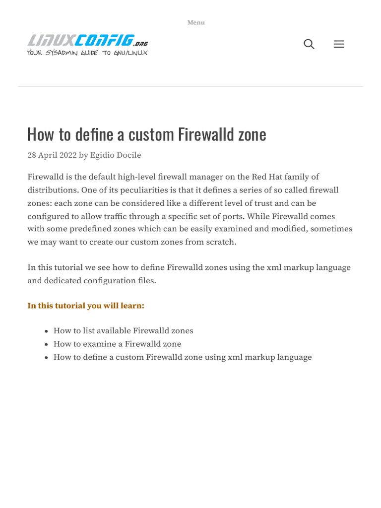 How To Define A Custom Firewalld Zone - Linux Tutorials - Learn Linux Configuration | PDF
