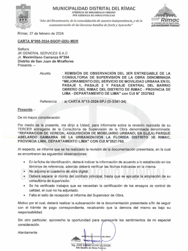 Carta N°095-2024-Sgop-Gdu-Mdr | PDF