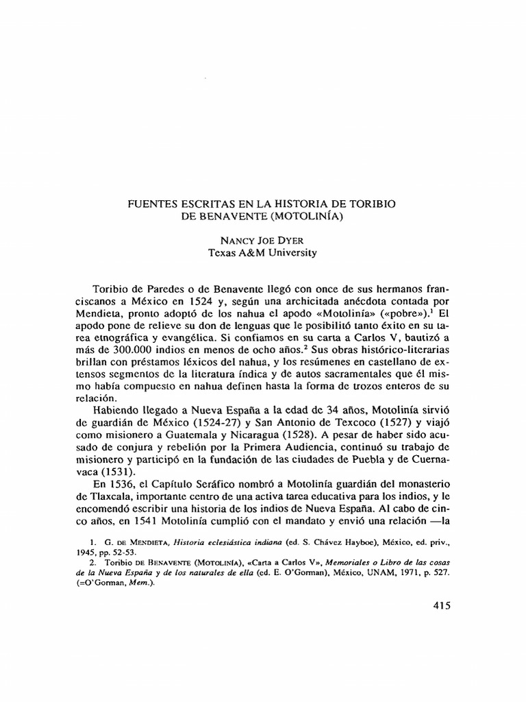 Fuentes Escritas en La Historia de Toribio de Benavente Motolinia 1 | PDF