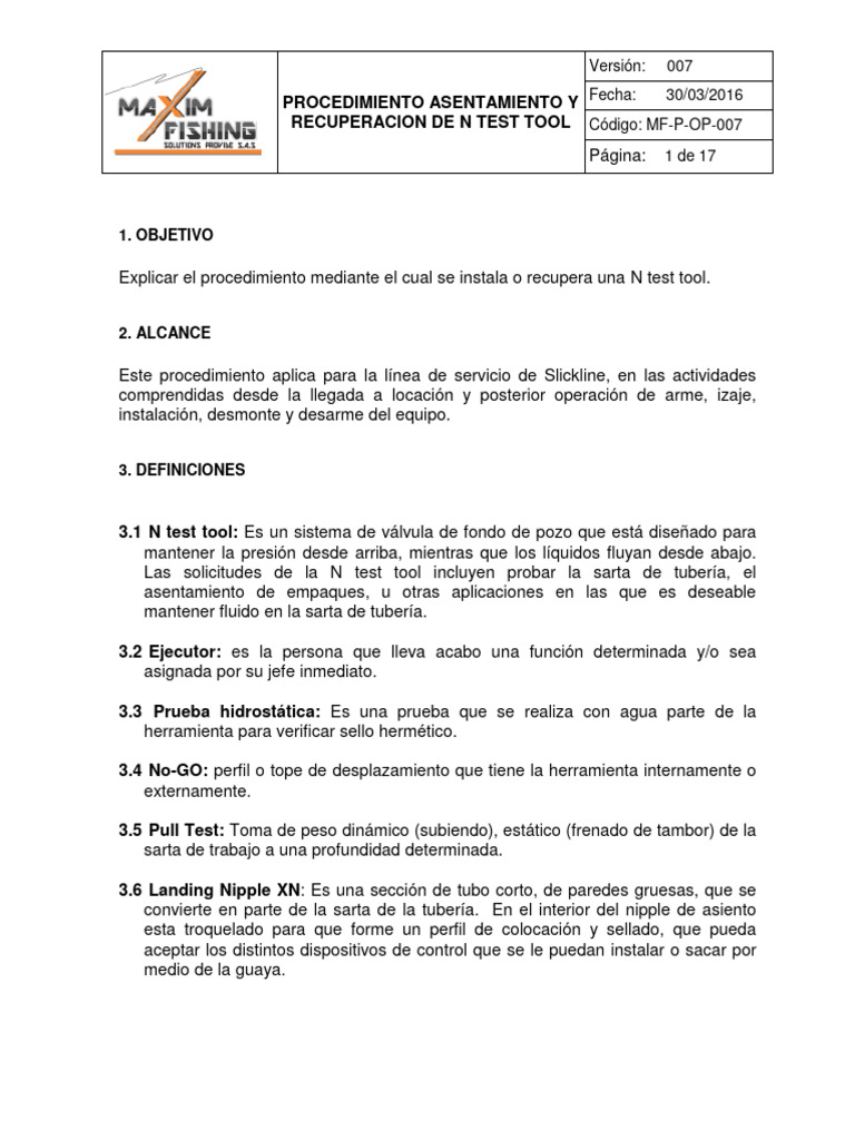 MF-P-OP-007 PROCEDIMIENTO ASENTAMIENTO Y RECUPERACION DE N TEST TOOL V7 ...