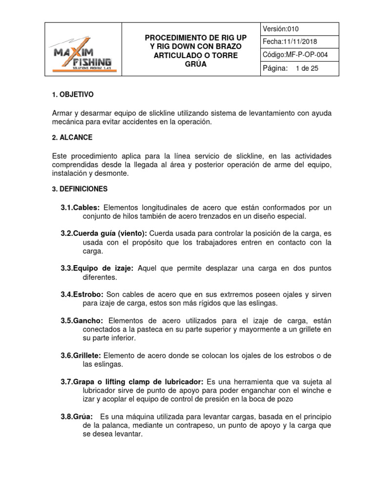Mf-P-Op-004 Procedimiento de Rig Up y Rig Down Con Brazo Articulado o Torre Grúa v10 | PDF