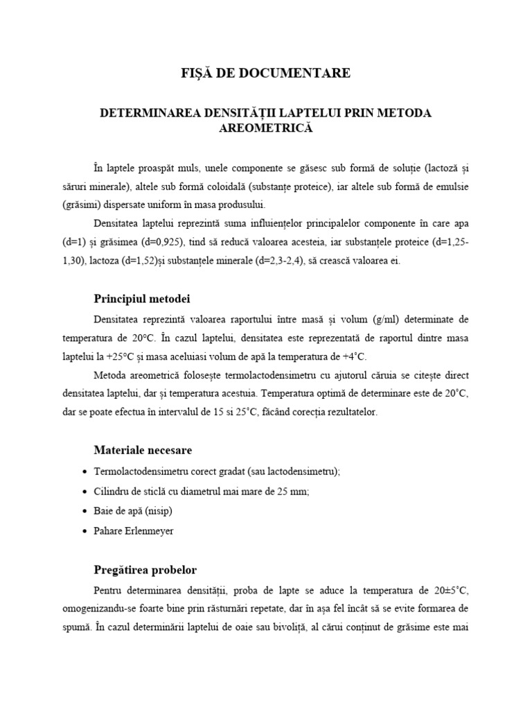 Fisa de Documentaredeterminarea Densitatii Laptelui | PDF