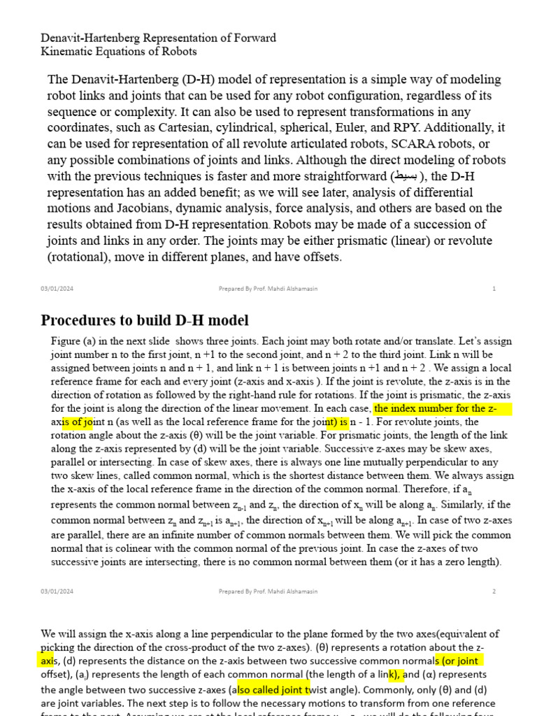 Chapter 6, D-H Representation | PDF | Cartesian Coordinate System ...