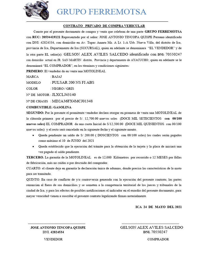 Contrato Contrato de Compra y Venta Con Saldo Pendiente | PDF
