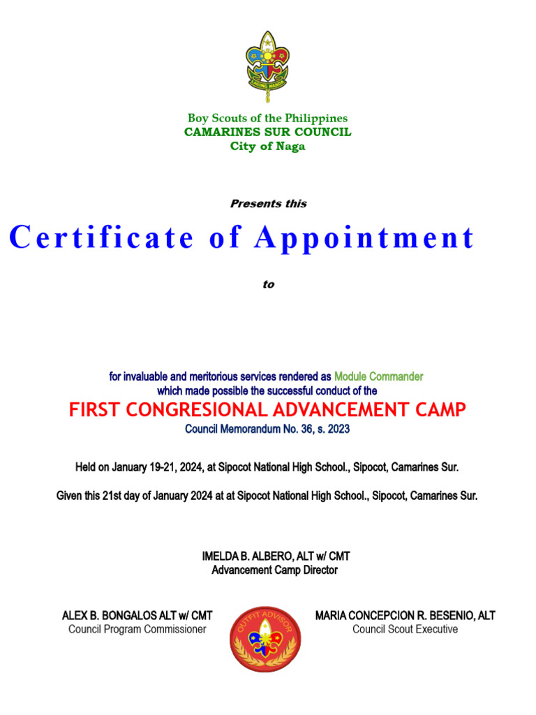 Appointment Certificates for Camp Directors | PDF | Scouting | Scouting ...