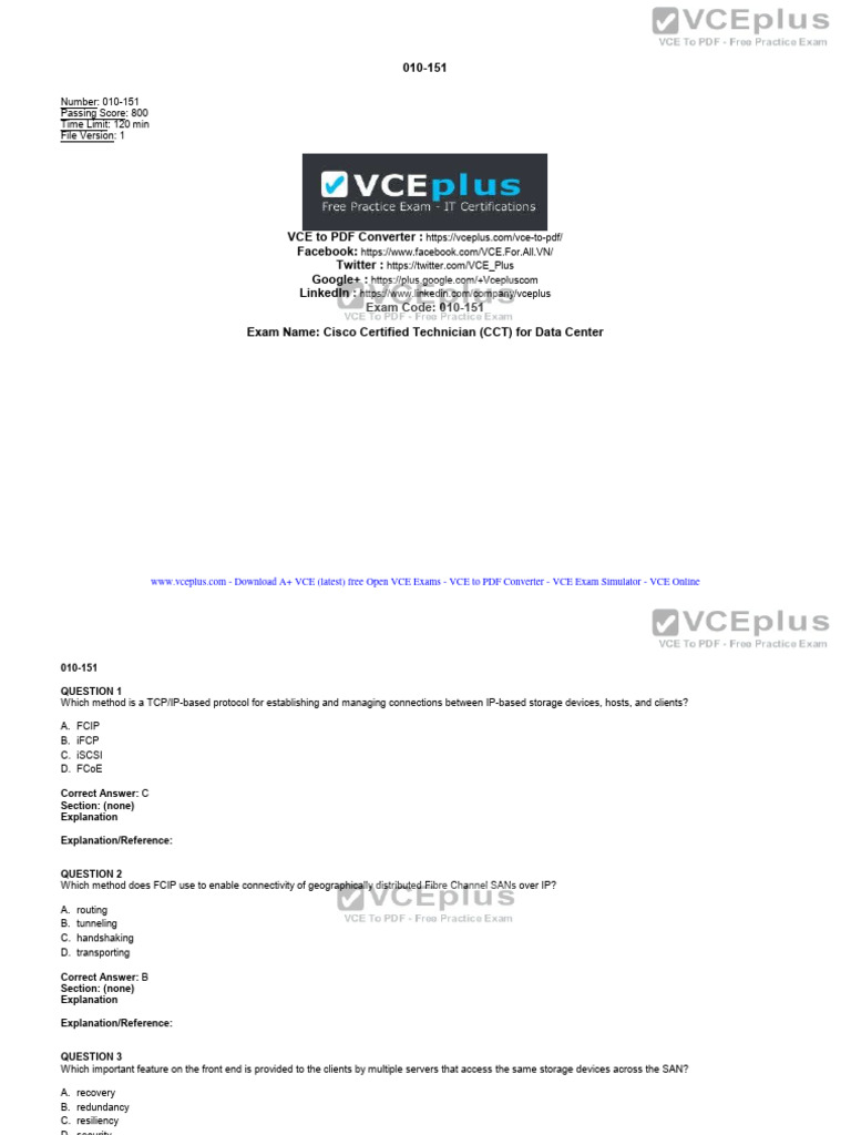 Cisco CCT 010-151 Exam Questions Guide | PDF | Ethernet | Data Transmission
