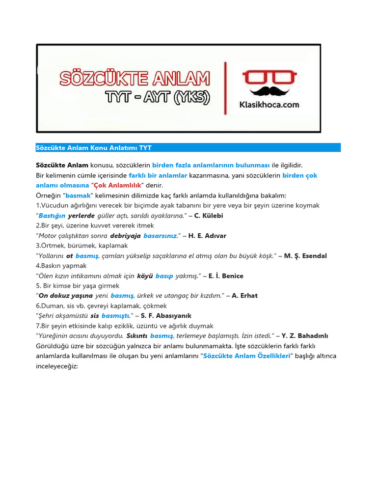 Sözcükte Anlam Konu Anlatımı TYT Klasikhocacom | PDF