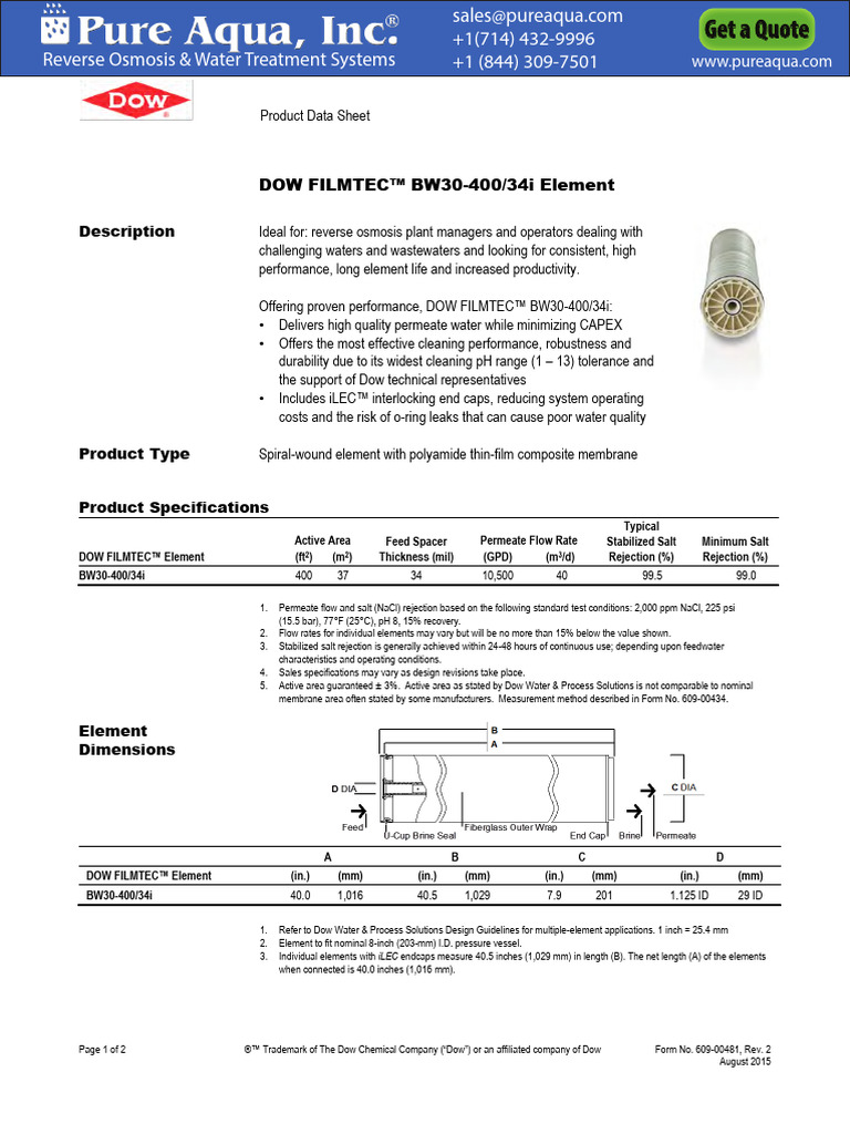 10 Dow-Filmtec-Bw30-400-34i-Membrane | PDF | Membrane | Chemistry