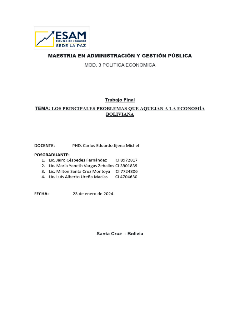 Trabajo Final Modulo 3 Politica Economica | PDF | Bolivia | Iniciativa empresarial