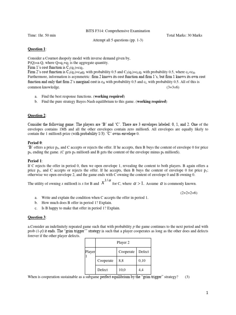 Grim Trigger Strategy in Game Theory Exam | PDF | Oligopoly | Economics