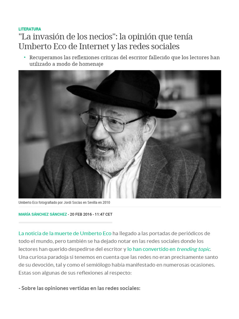 La Invasión de Los Necios - La Opinión Que Tenía Umberto Eco de ...