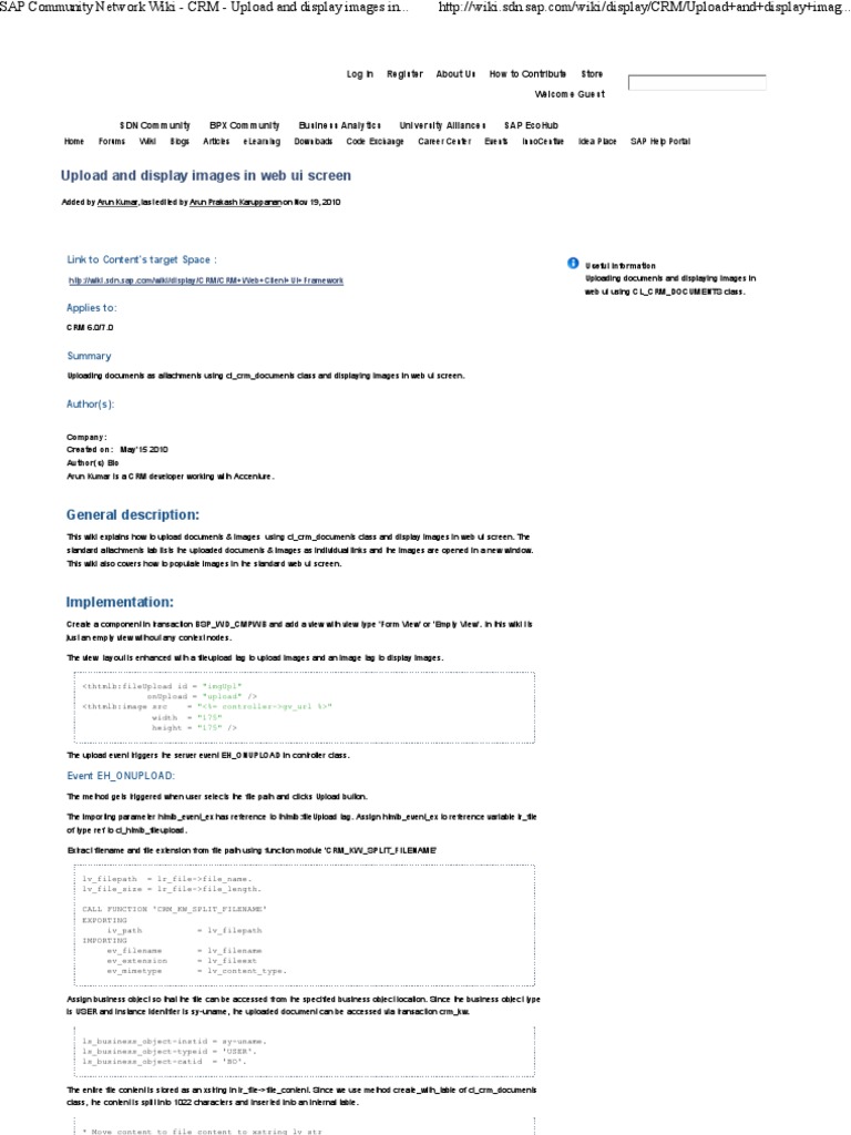 Sap Community Network Wiki Crm Upload And Display Images In Web Ui Screen Pdf Wiki