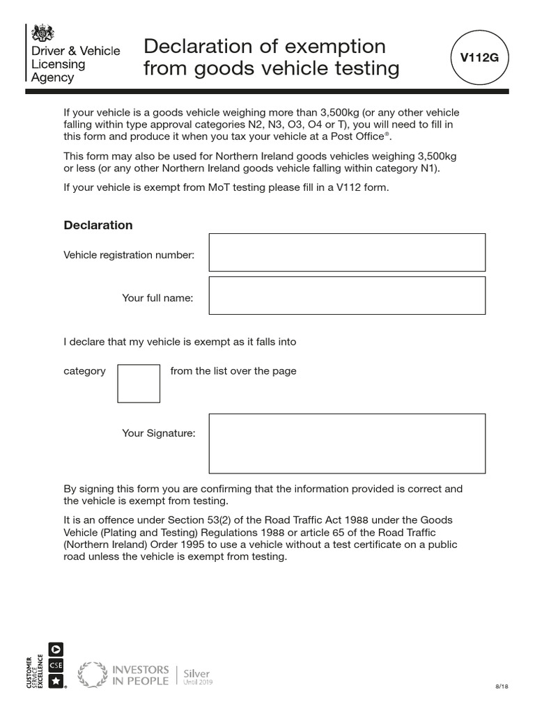 v112g Declaration of Exemption From Goods Vehicle Testing | PDF ...