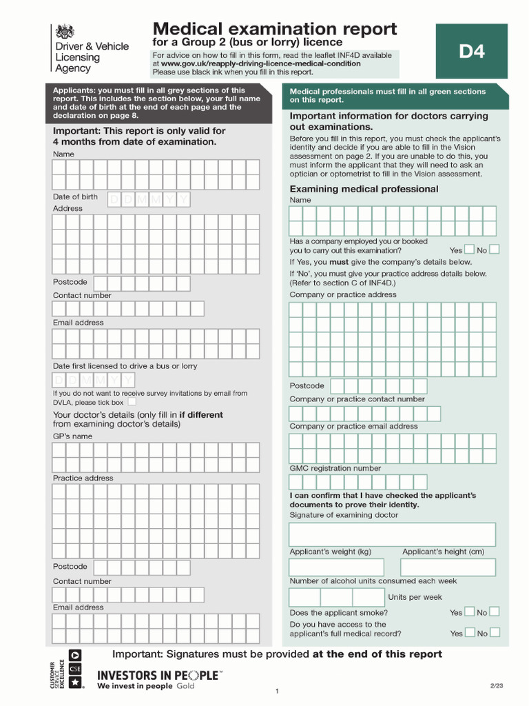 D4 Medical Examination Form For Bus and Lorry Drivers Group 2 | PDF
