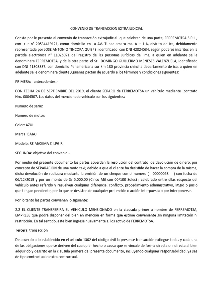 Convenio de Transaccion Extrajudicial Lis | PDF | Justicia | Crimen y violencia