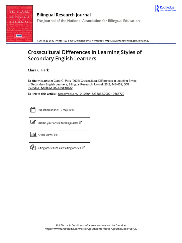 Park 2002 Crosscultural Differences in Learning Styles of Secondary English Learners | PDF ...
