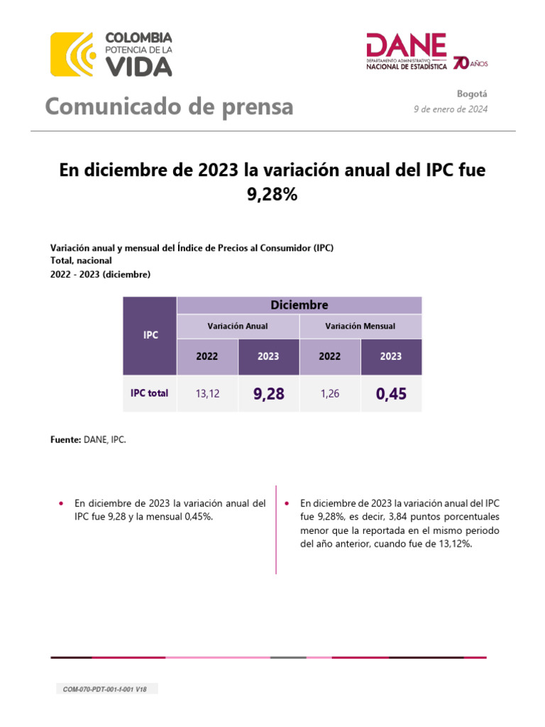 Ipc Diciembre 2023 Colombia | PDF | Índice de precios al consumidor ...