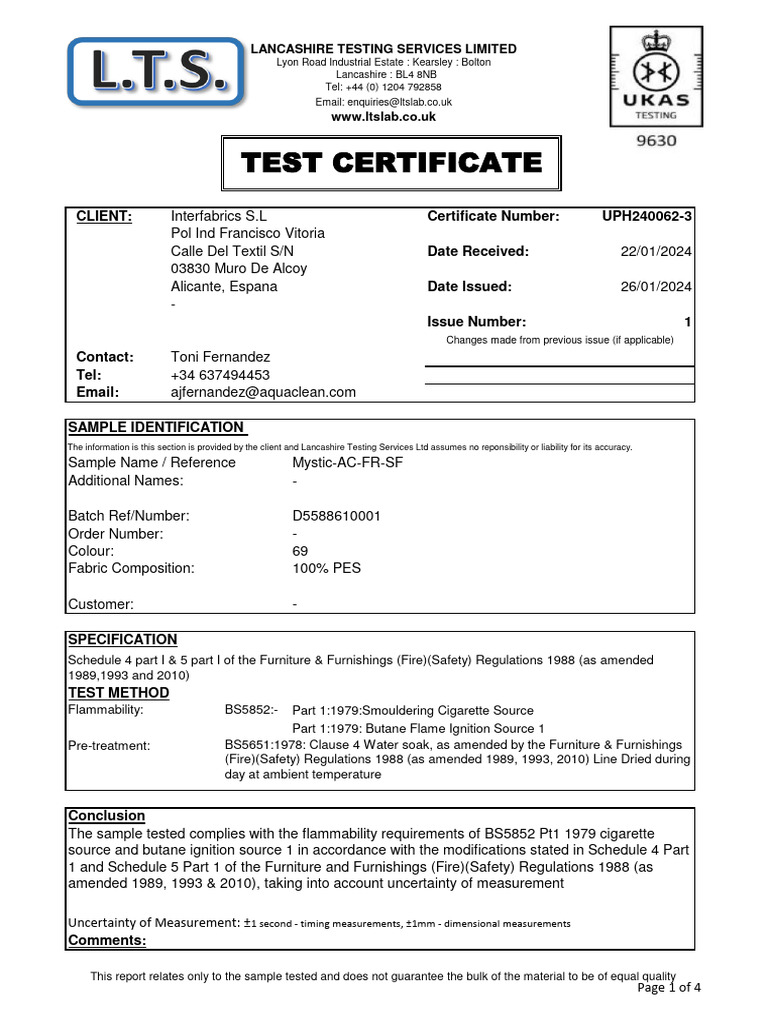 Mystic-AC-FR-SF UPH240062-3 Interfabrics BS5852 Certificate | PDF | Fires