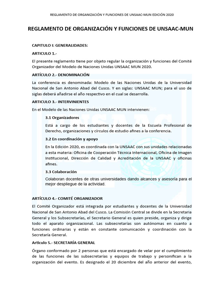 Reglamento de Organizacion y Funciones Del MUN 2020 | PDF | Naciones Unidas | Relaciones ...