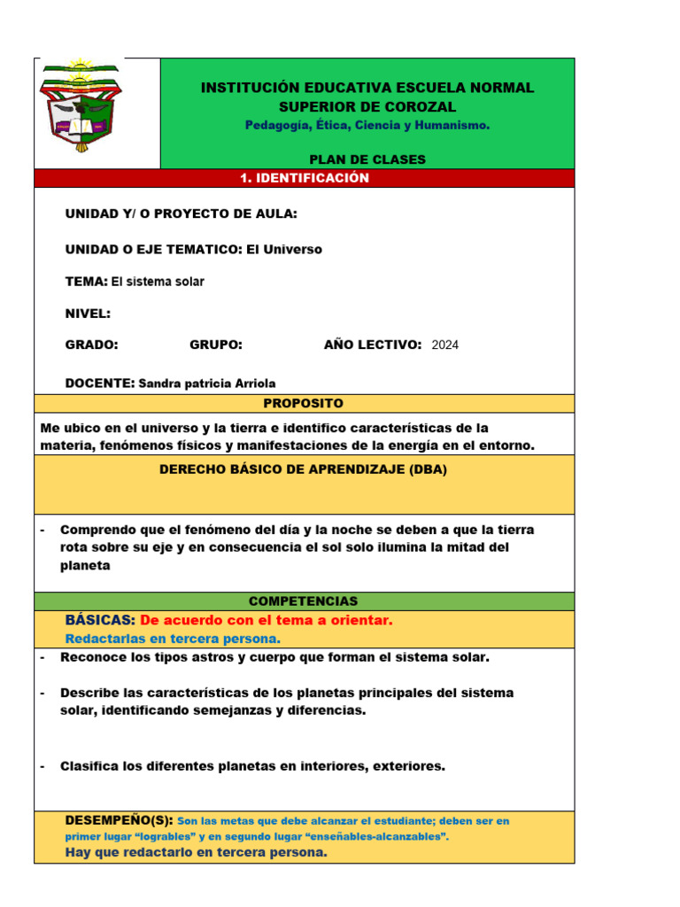 Plan de Clases Simbolos Patrios | PDF | Maestros | Sistema solar