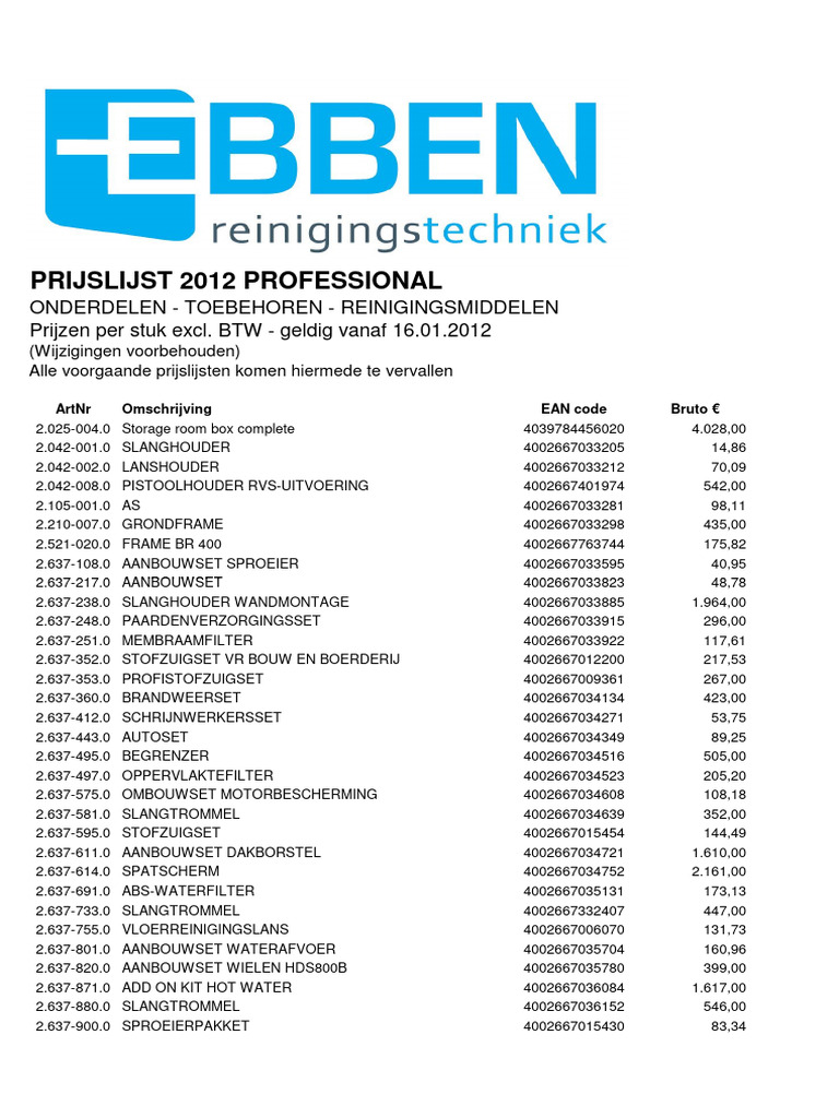Prijslijst 2012 Professional | PDF
