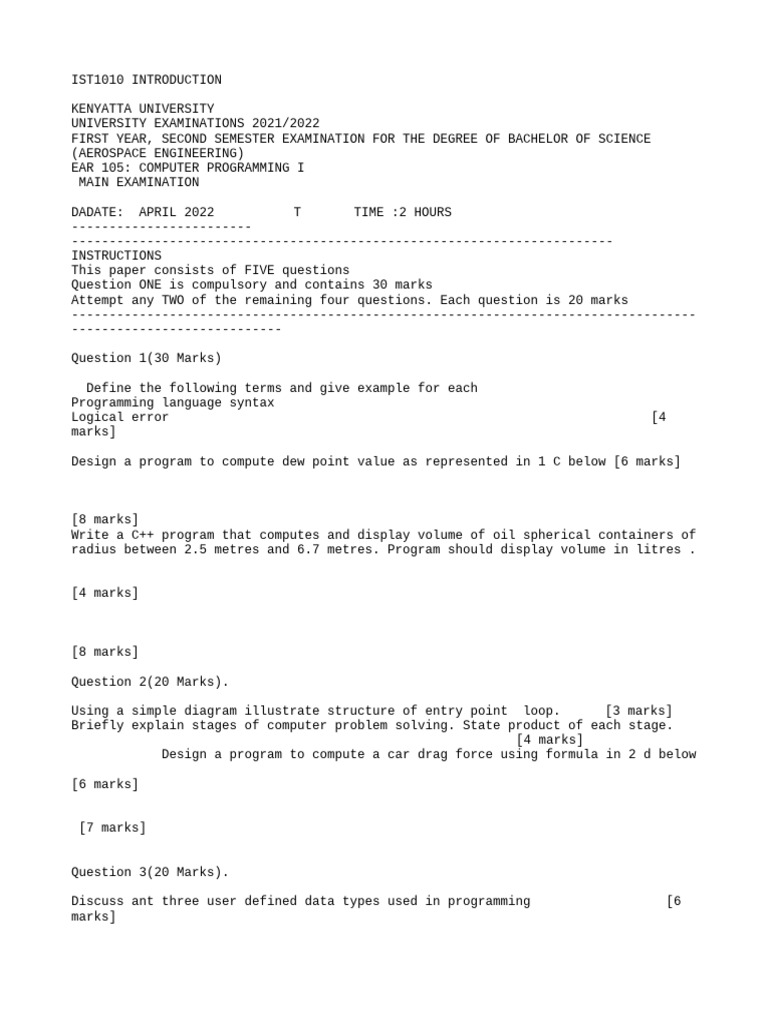 IST1010 Computer Programming Exam Guide | PDF