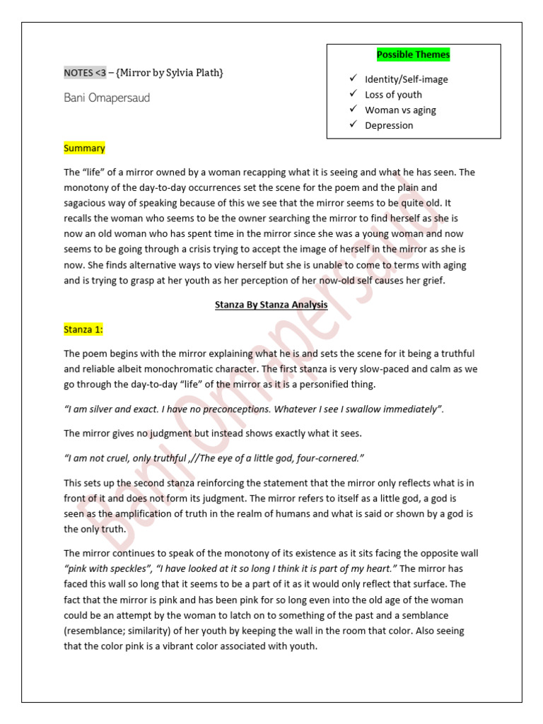 Mirror - Sylvia Plath F Summary and Analysis | PDF