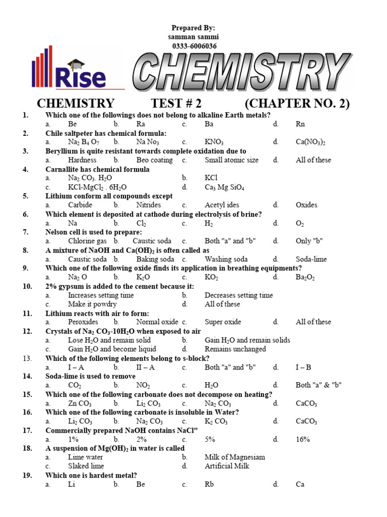 Chemistry Test # 2 CH 2 | PDF | Hydroxide | Calcium