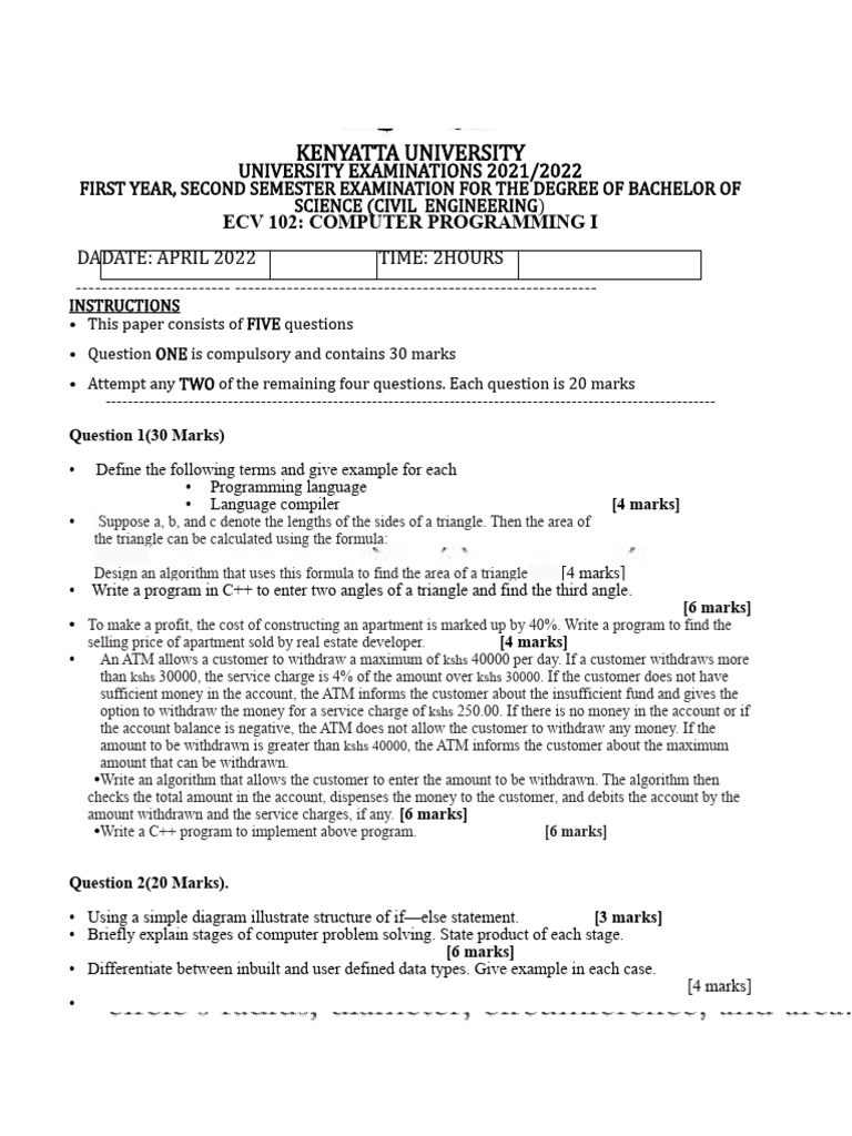 Ecv 102 Computer Programming I Main Exam Pdf Computer Program Programming
