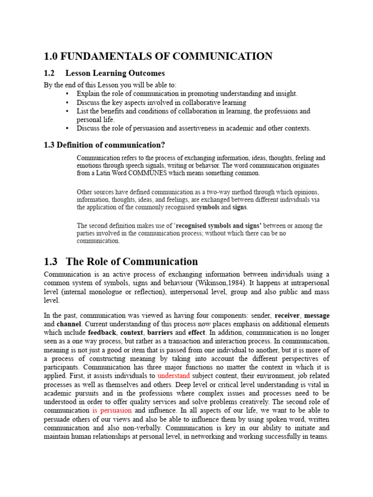 Lesson 1 Fundamentals Of Communication Pdf Communication Nonverbal Communication