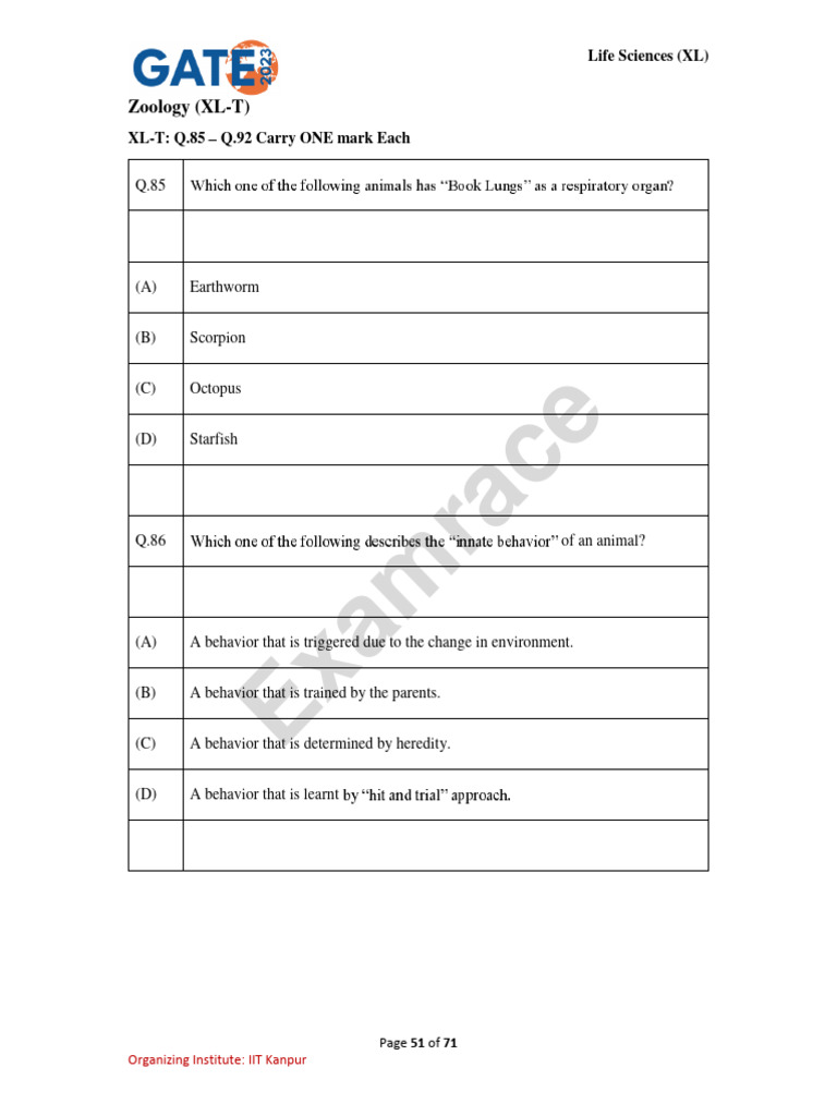 GATE Zoology XL T 2023 | PDF | Biotechnology | Biochemistry