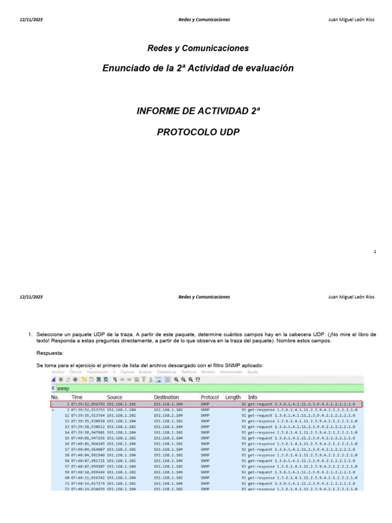 Informe 2 Actividad Protocolo UDP | PDF | Estándares de telecomunicaciones | Transmisión de datos
