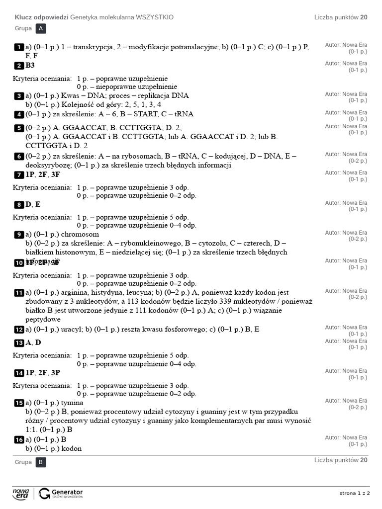 Genetyka Molekularna WSZYSTKIO Klucz Odpowiedzi | PDF