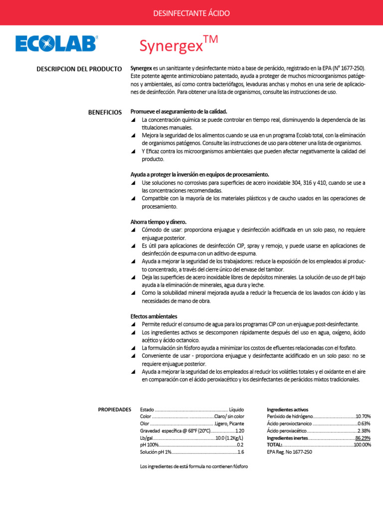 Desinfectante Ácido Synergex Ecolab | PDF | Ciencia y matemáticas