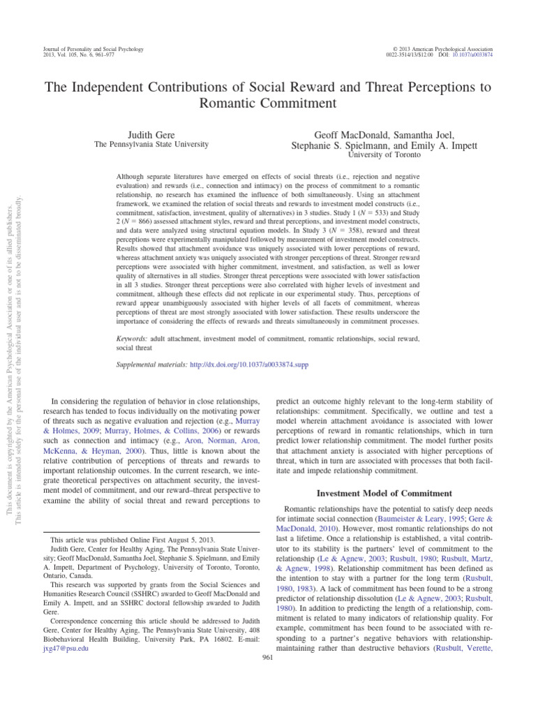 Independent Contributions of Social Rewards | PDF | Attachment Theory ...