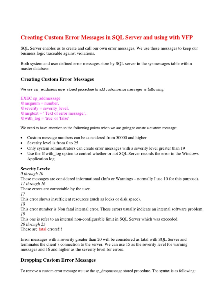Creating Custom Error Messages In Sql Server And Using With Vfp 02nov2006 Pdf Microsoft
