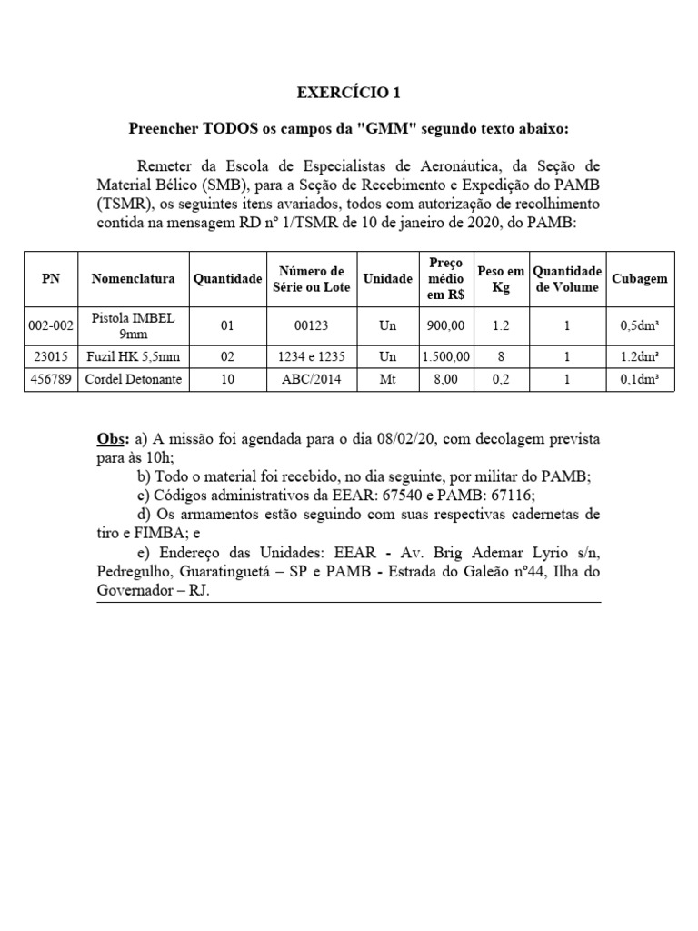 Exercício Nº 1 de ADMB | PDF | Tecnologia militar | Munição