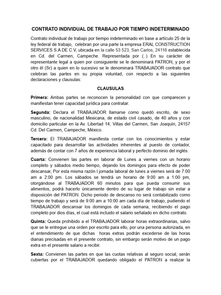 Contrato Individual de Trabajo Por Tiempo Indeterminado | PDF | México | Salario