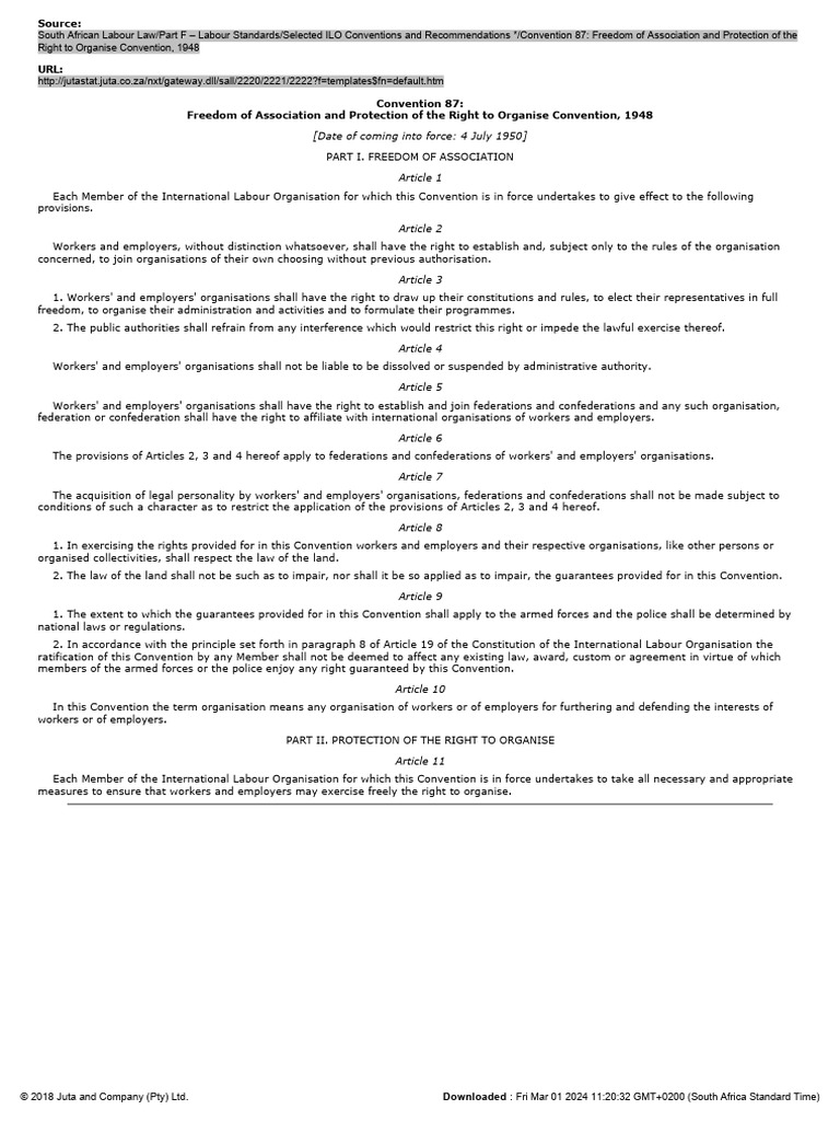 Convention 87 Freedom of Association and Protection of The Right To ...