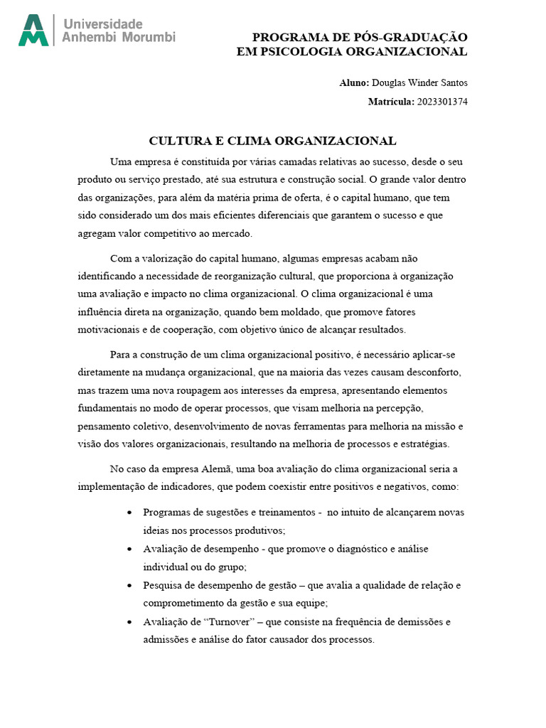 Cultura e Clima Organizacional (N1 - Douglas Winder) | PDF Cultura e Clima Organizacional (N1 - Douglas Winder) | PDF