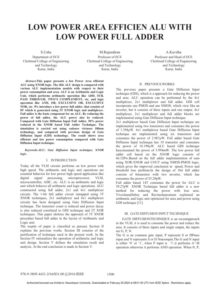 Low Power Area Efficient ALU With Low Power Full Adder | PDF
