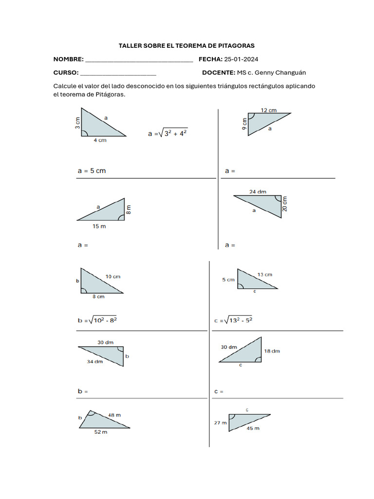 Taller Sobre El Teorema de Pitagoras 25-01-2024 | PDF