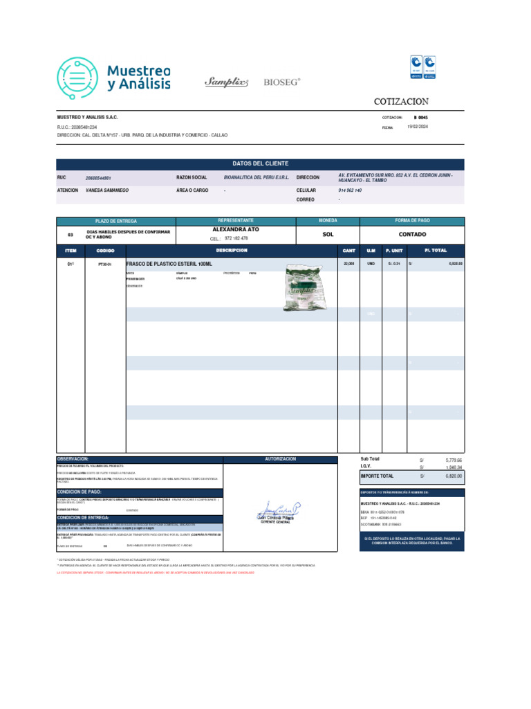 Cotizacion B045-2024 - Bioanalitica Del Peru | PDF