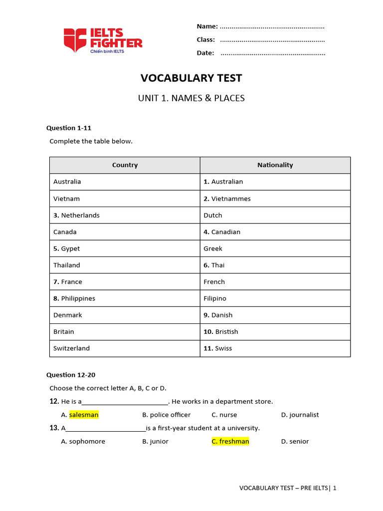 Vocabulary Test: Names & Places | PDF | Foods | Cuisine